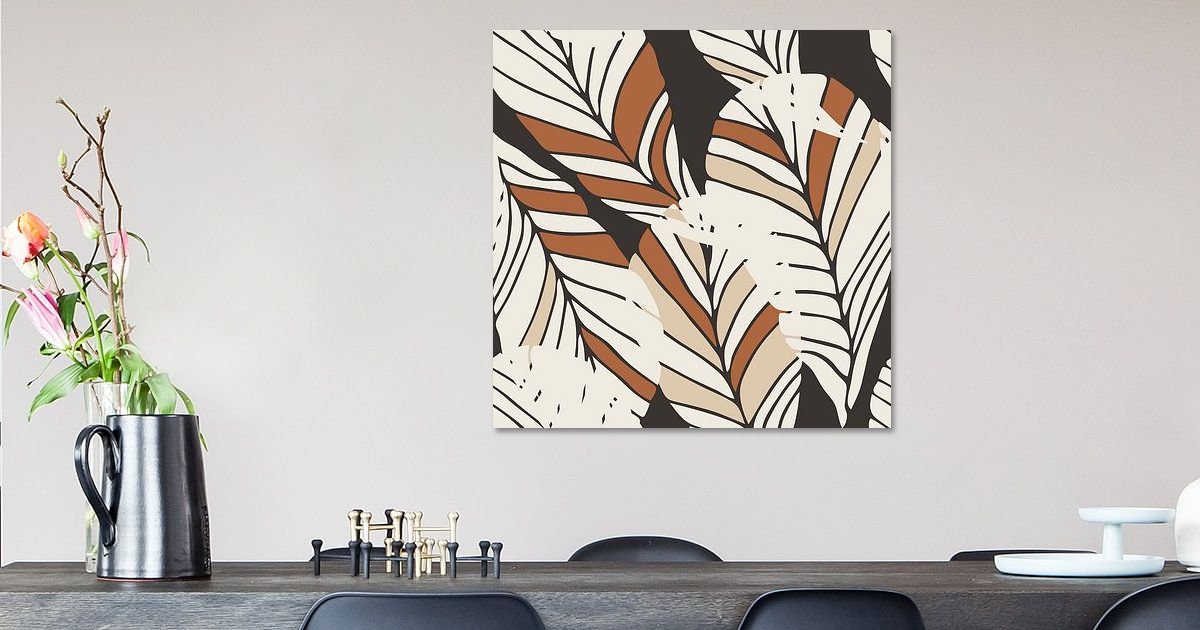 Boho stijl bladeren in retro kleuren. Moderne botanische kunst in wit, terra, beige op zwart van ...